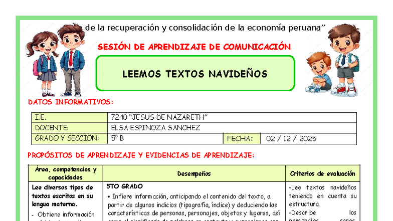 Sesión de Aprendizaje: Comprensión de Textos Navideños - 5TO B - Studocu