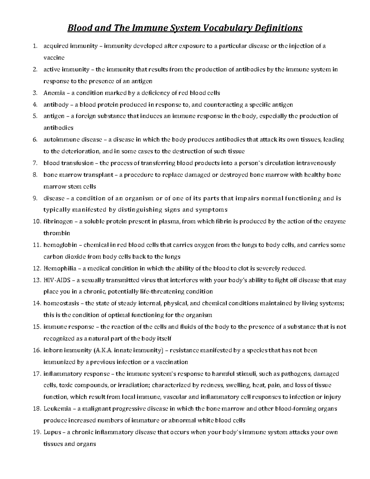 Blood & Immune System Vocabulary Definitions (2025-2026) - Studocu