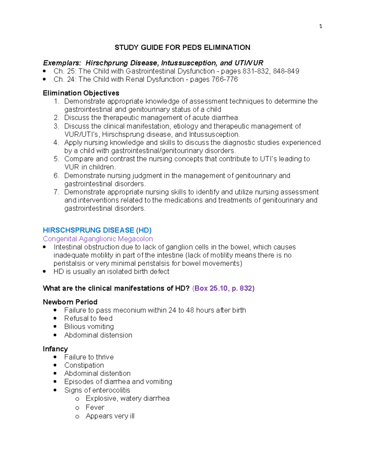 PEDS 101 Elimination Study Guide: HD, Intussusception & VUR - Studocu