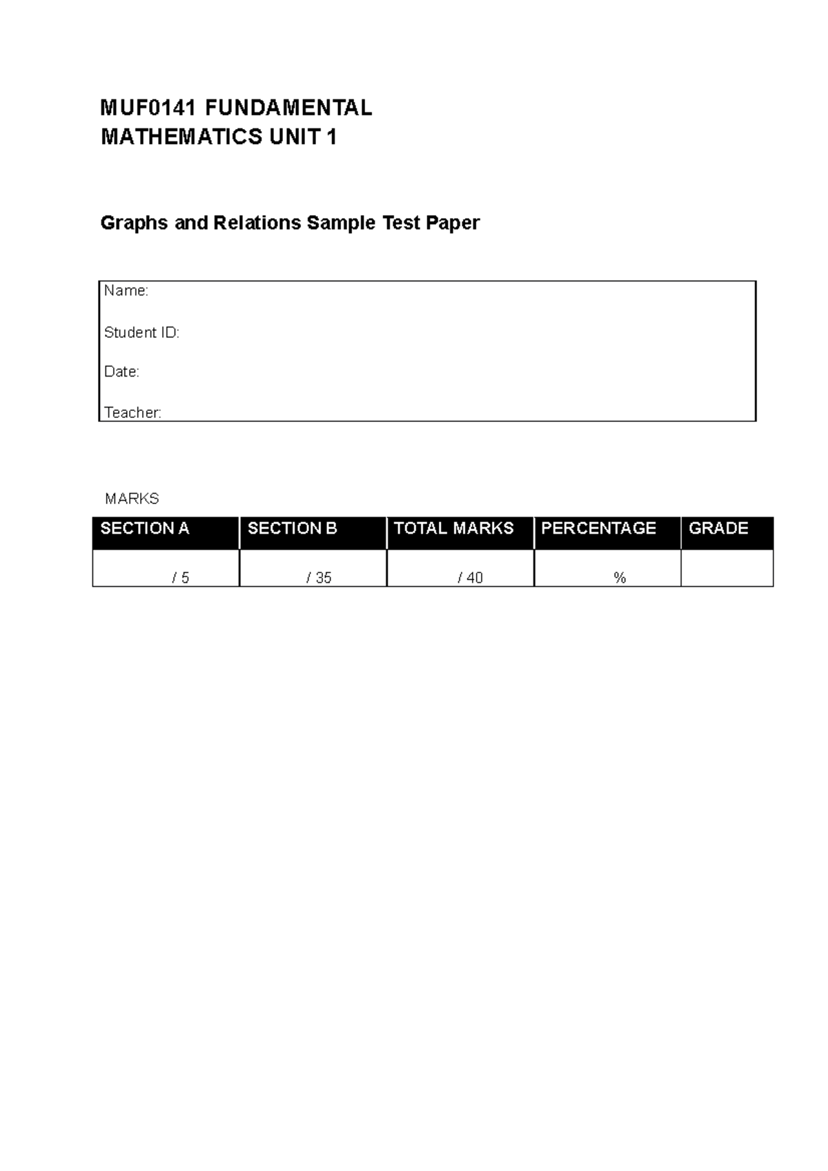 Sample Test Paper for MUF0141: Fundamental Mathematics Unit 1 - Studocu