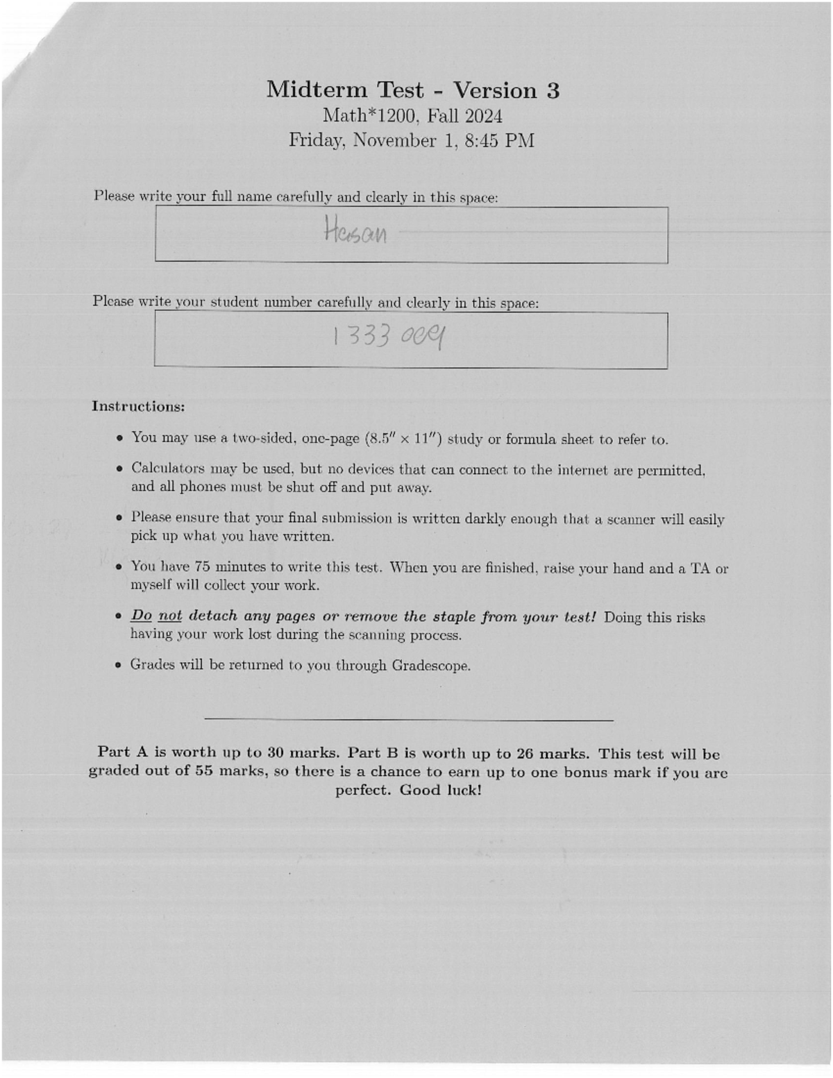 Math 1200 Midterm Exam – Fall 2024 Version 3 Instructions and Questions ...