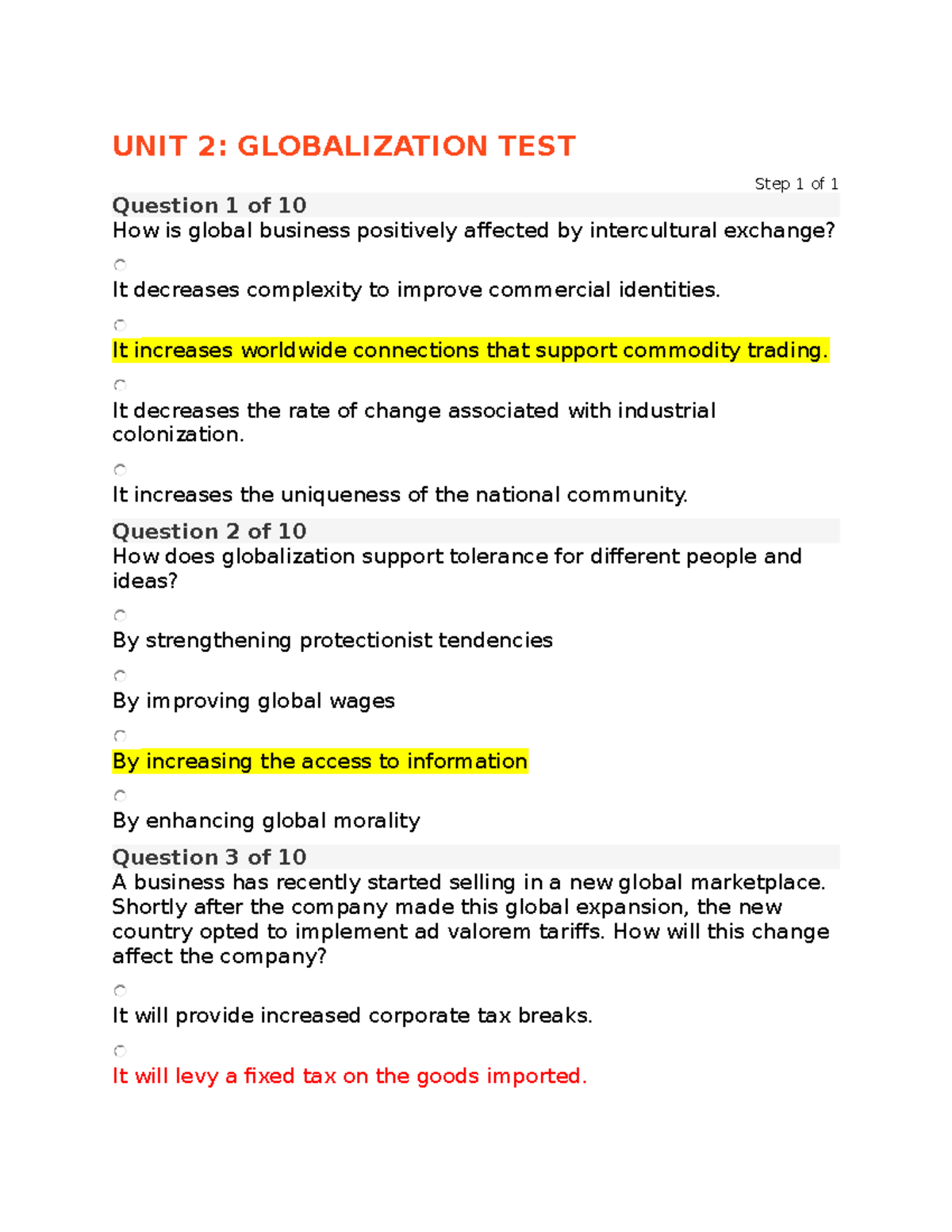UNIT 2 Globalization TEST - UNIT 2: GLOBALIZATION TEST Question 1 of 10 ...