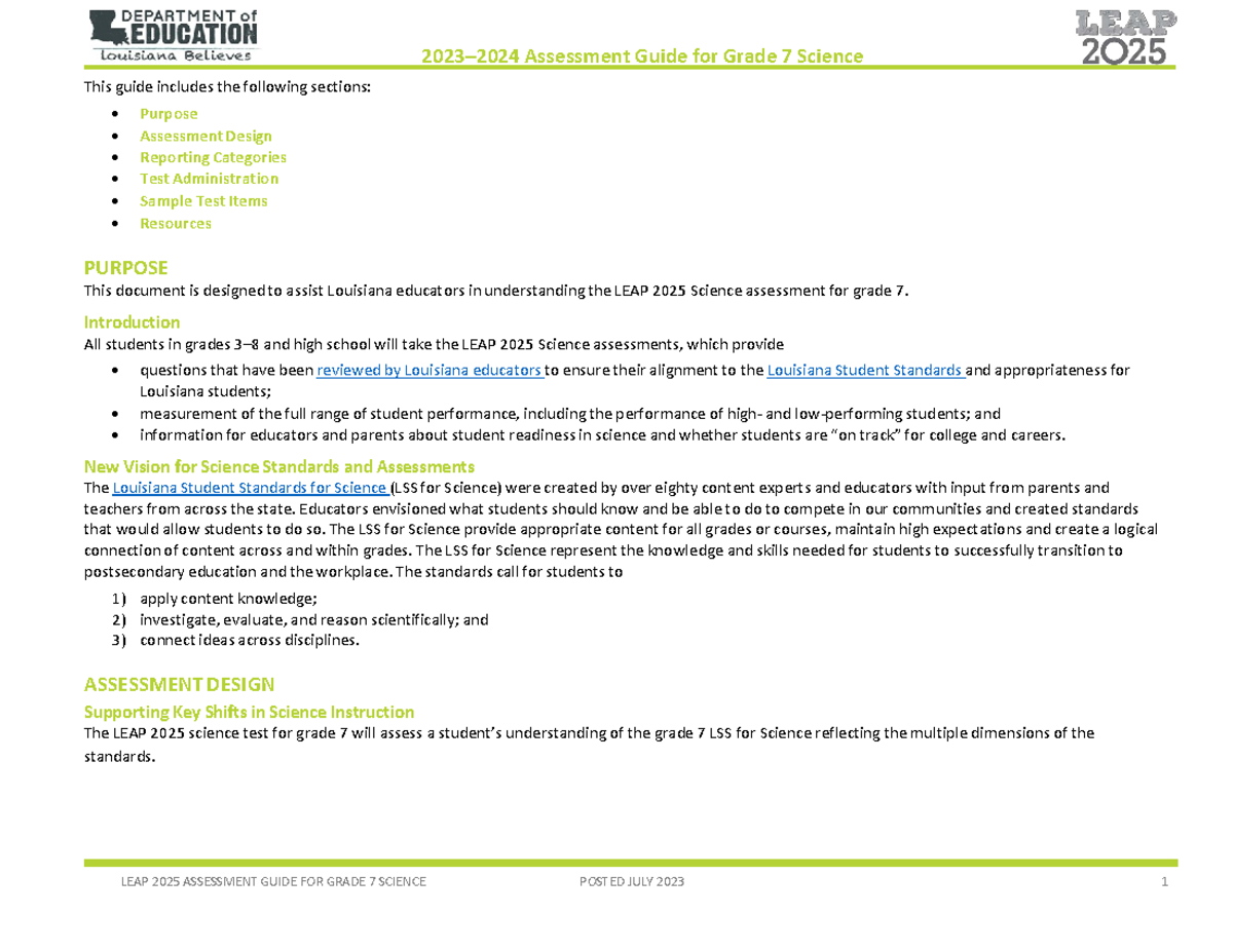 LEAP 2025 Grade 7 Science Assessment Guide for Educators - Studocu