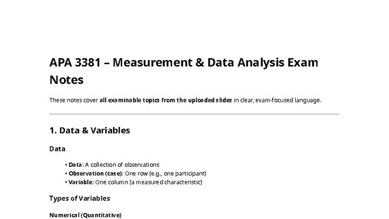 APA 3381 Measurement Data Analysis Exam Notes – Comprehensive Guide ...