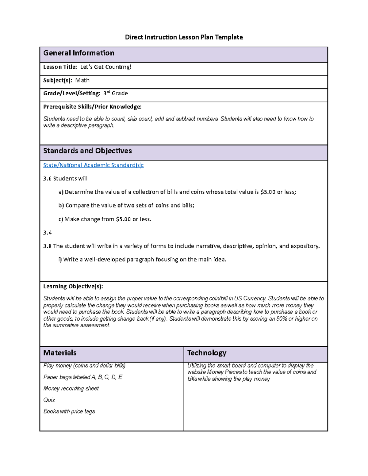 C109 Task 1 Assignment - Direct Instruction Lesson Plan Template ...