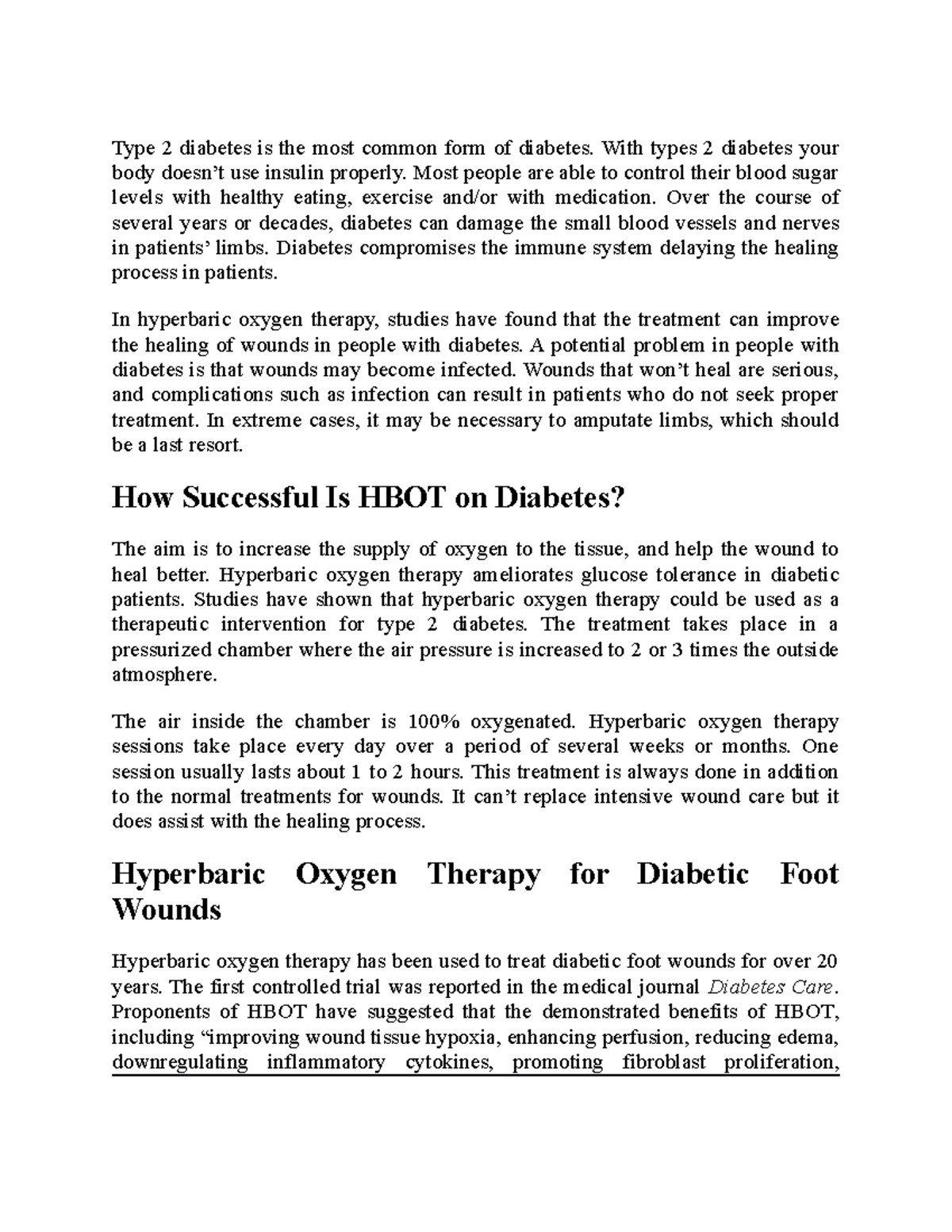 HBOT as an Innovative Treatment for Type 2 Diabetes Wound Healing - Studocu