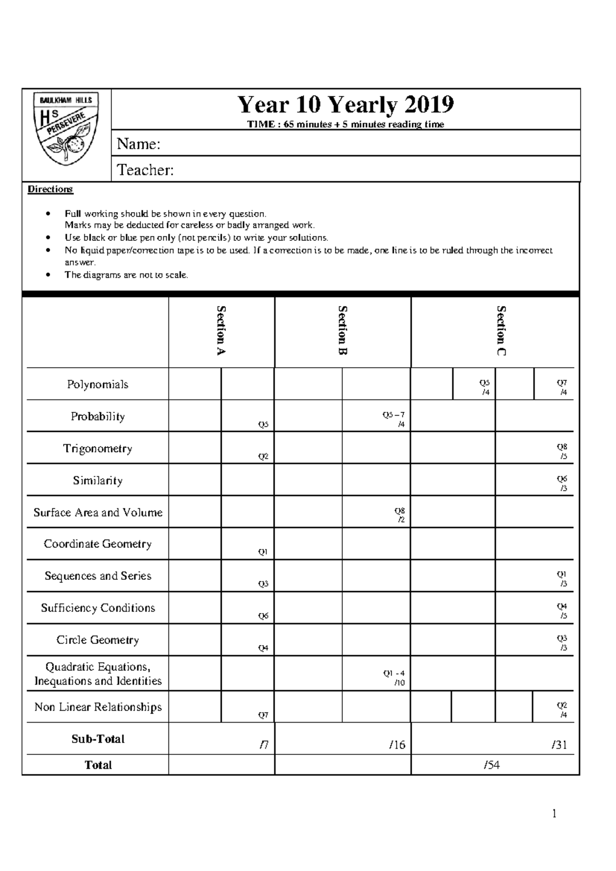 Baulkham Hills 2019 Year 10 Maths Yearly Exam Solutions - Studocu