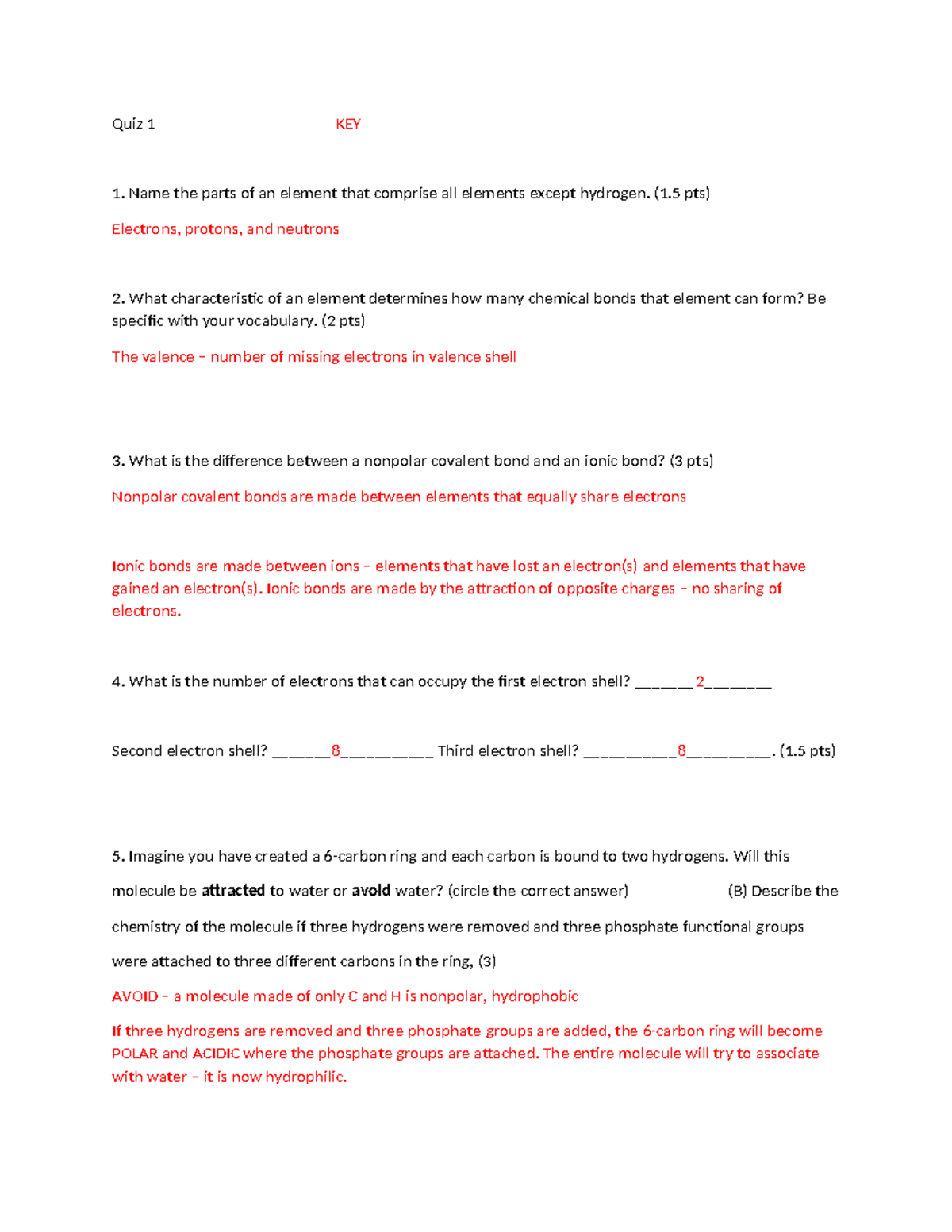 Chemistry 101: Quiz 1 Key - Understanding Chemical Bonds & Elements ...