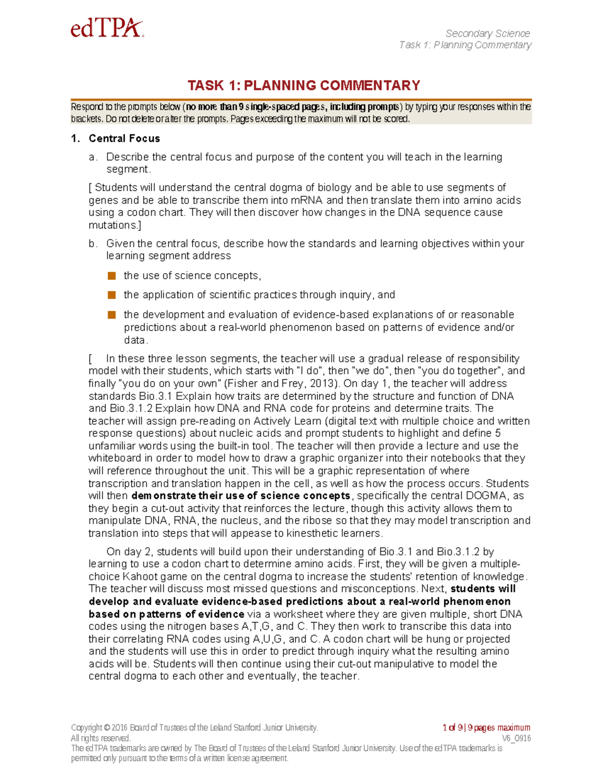 EDTPA Task 1: Planning Commentary on Biology Central Dogma Lessons ...