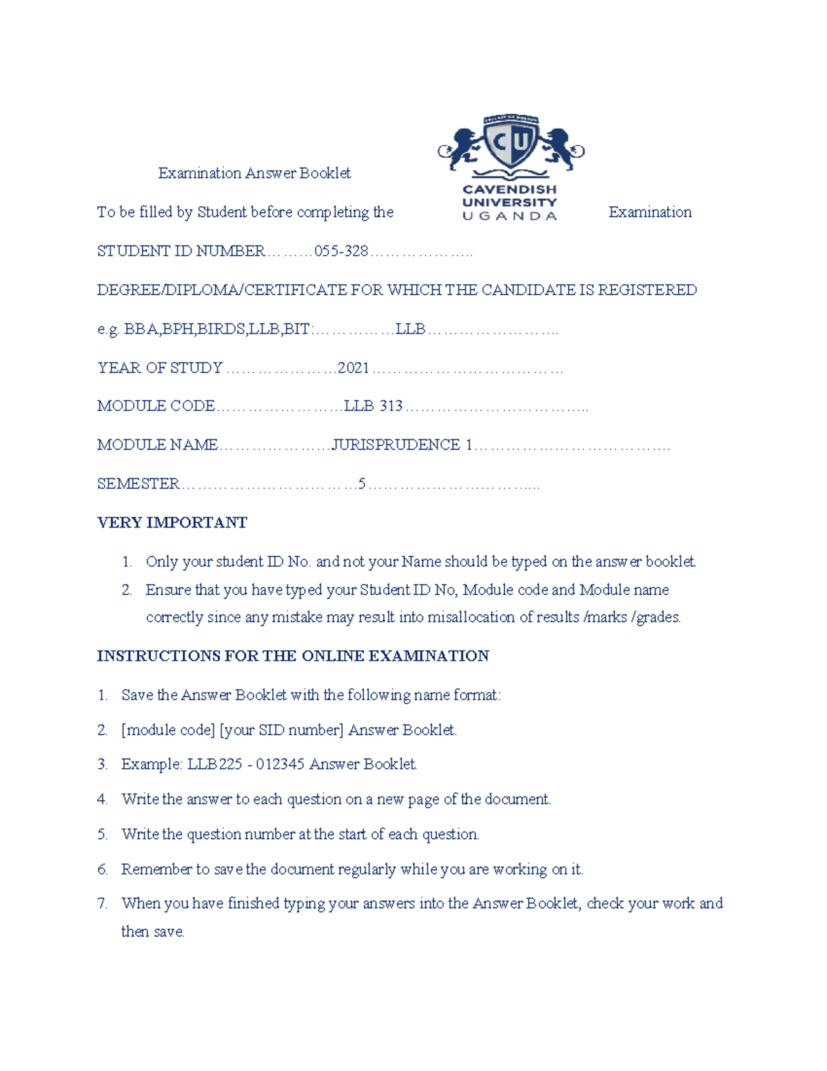 CUU Examination Answer Booklet Guidelines and Instructions - Studocu