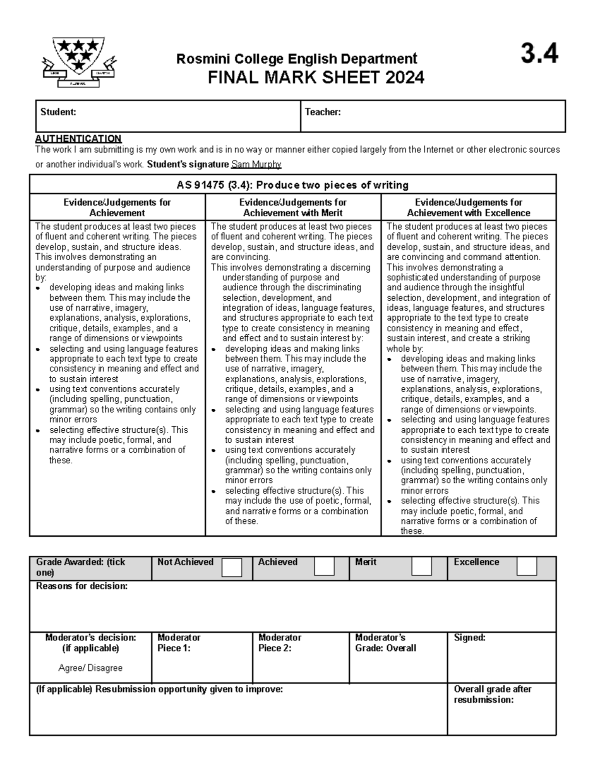 NCEA English AS 91475: Final Submission Excellence Exemplars 2024 - Studocu