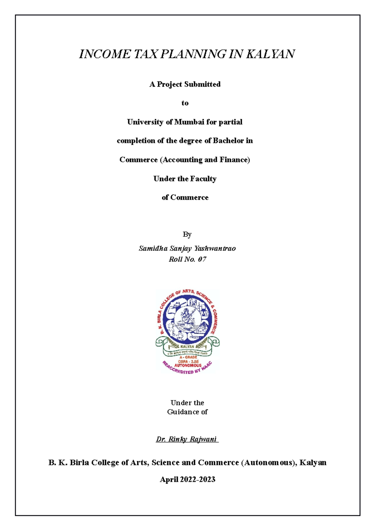 Income Tax Planning Project - B.Com (A&F) - University of Mumbai - Studocu