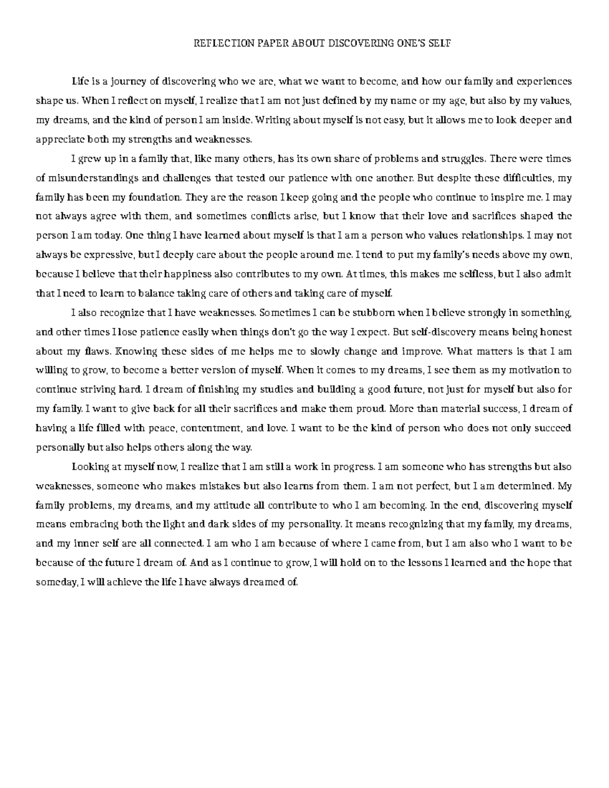 REFLECTION PAPER ON DISCOVERING SELF AND FUTURE ASPIRATIONS - Studocu