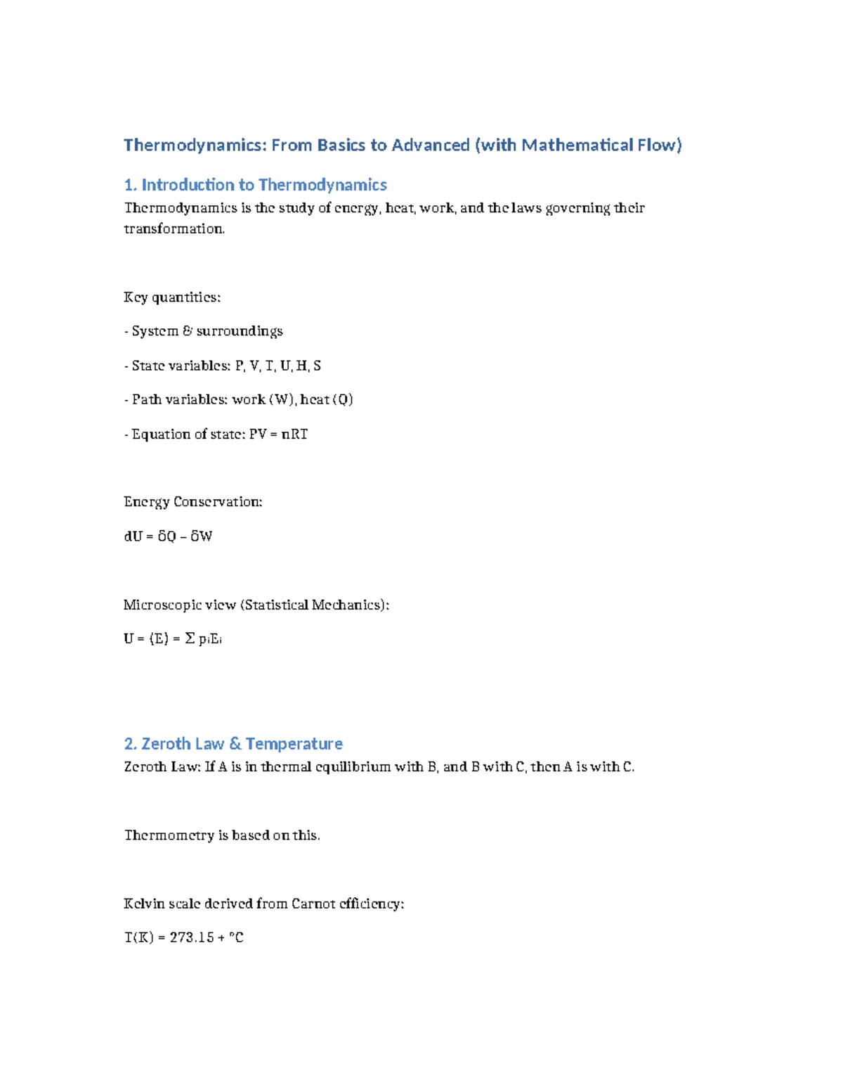 Thermodynamics: Key Concepts & Mathematical Foundations (Course Code ...