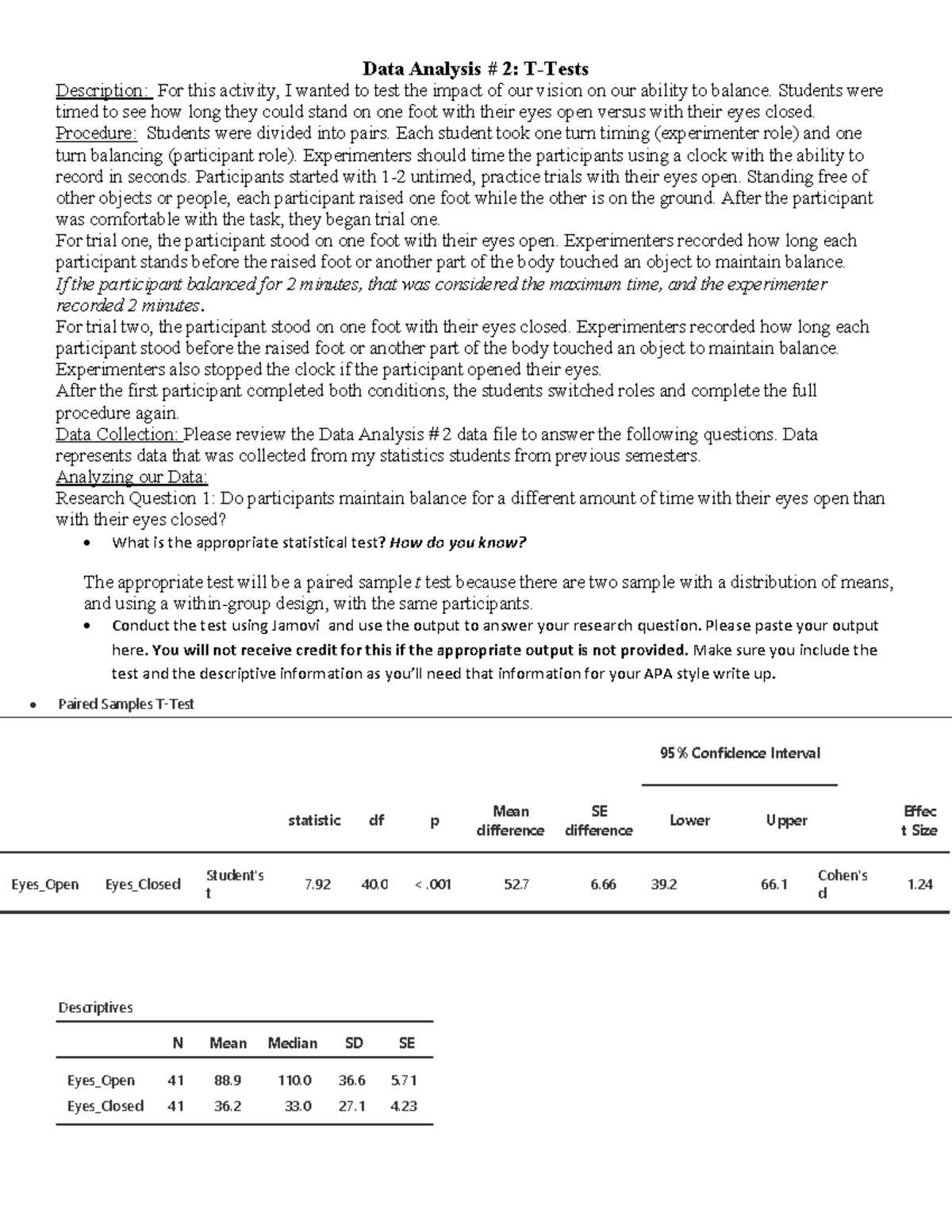 Data Analysis with T-Tests - Data Analysis # 2: T-Tests Description ...