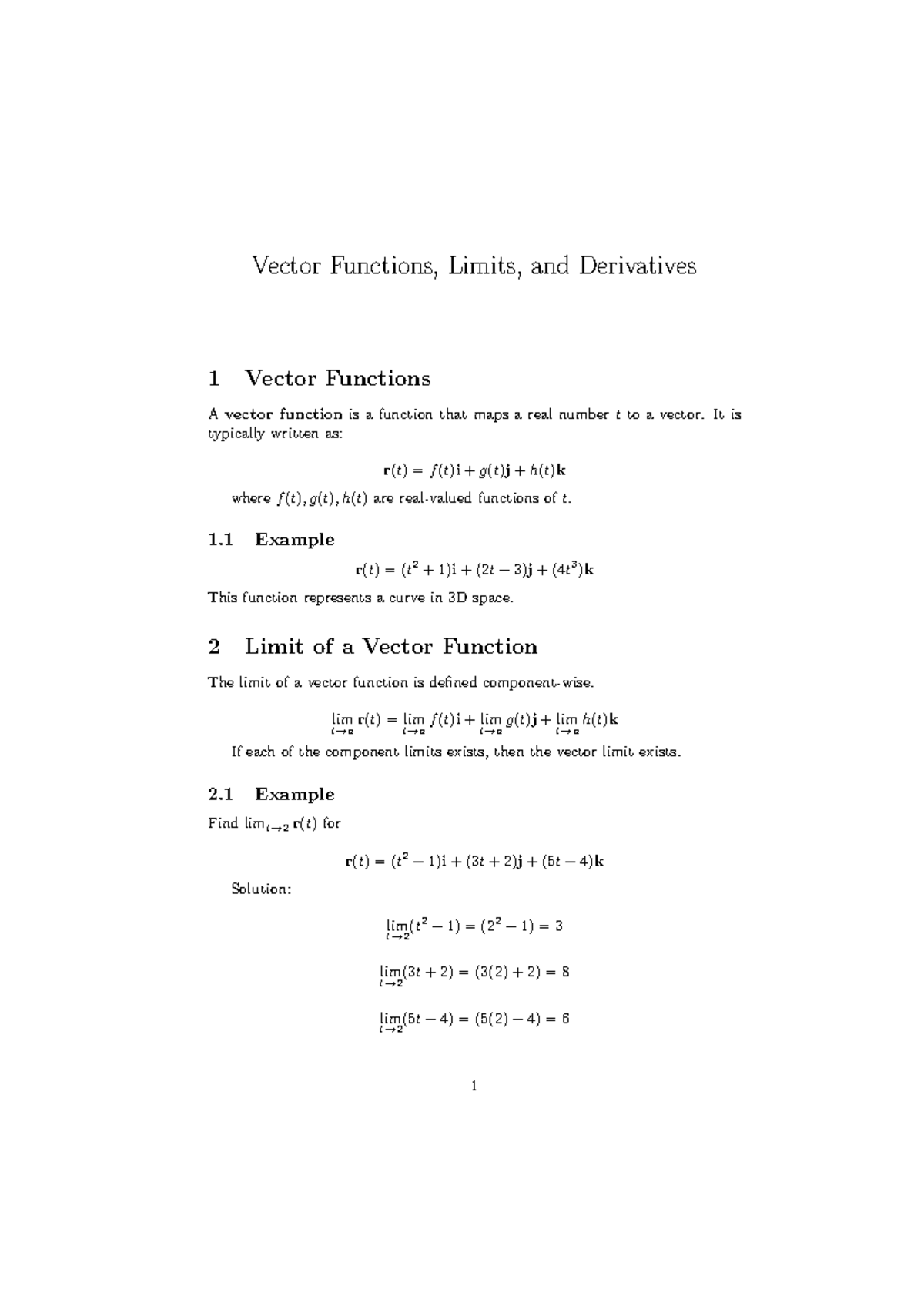 Limit vectors - Vector Functions, Limits, and Derivatives 1 Vector ...