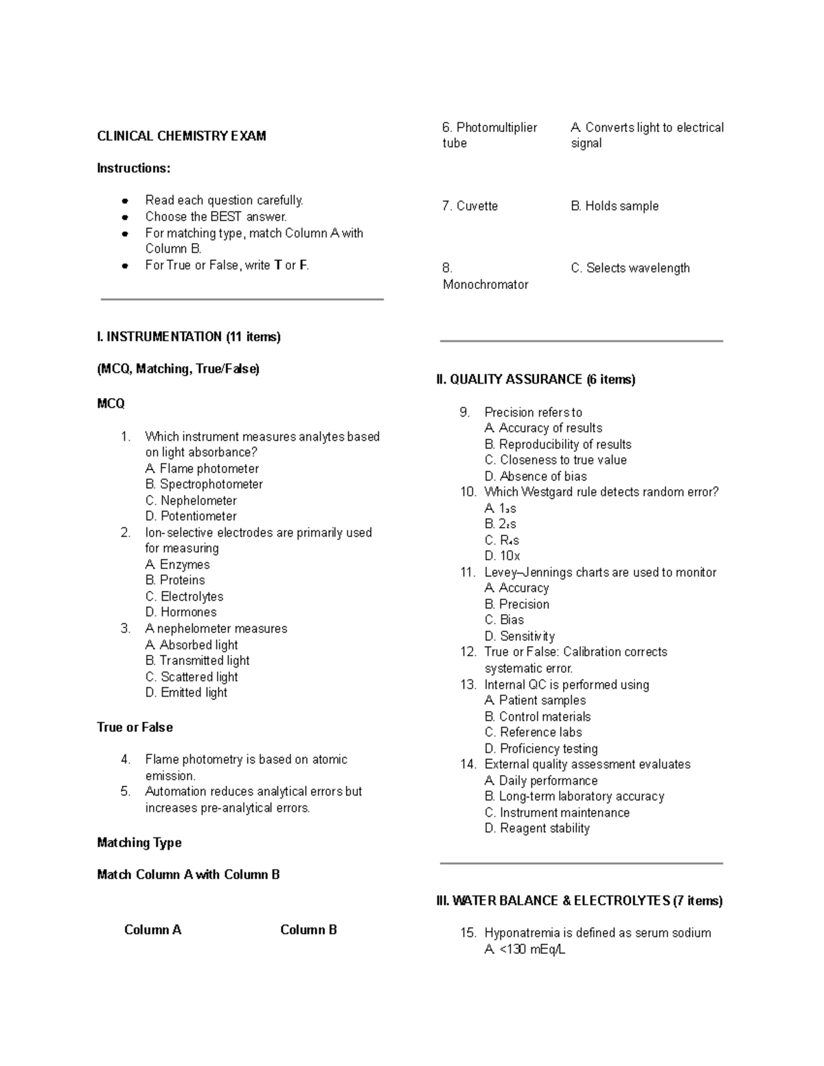 Clinical Chemistry Exam Review: Key Concepts & Instrumentation - Studocu