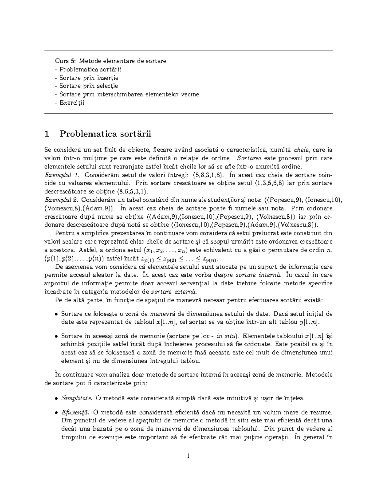Curs 5: Metode Elementare de Sortare - Analiza și Algoritmi - Studocu