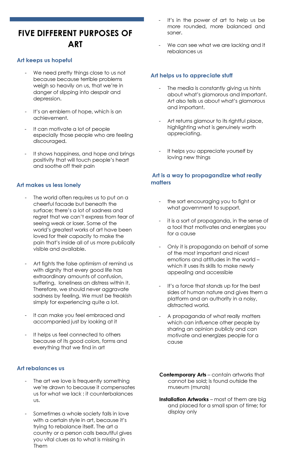 Purposes and Characteristics of Contemporary Arts - FIVE DIFFERENT ...