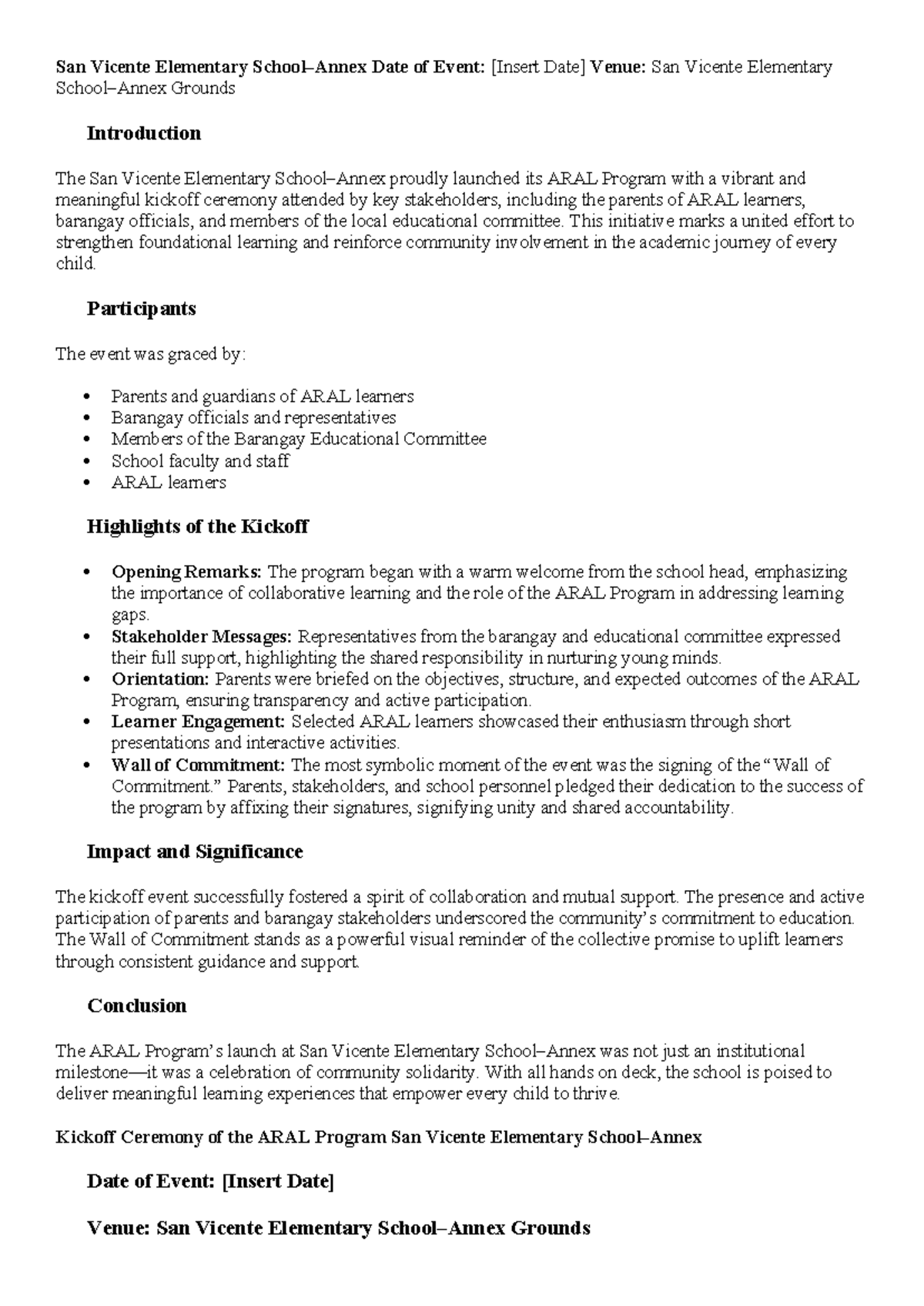 Kickoff Ceremony Narrative Report: ARAL Program at San Vicente ...