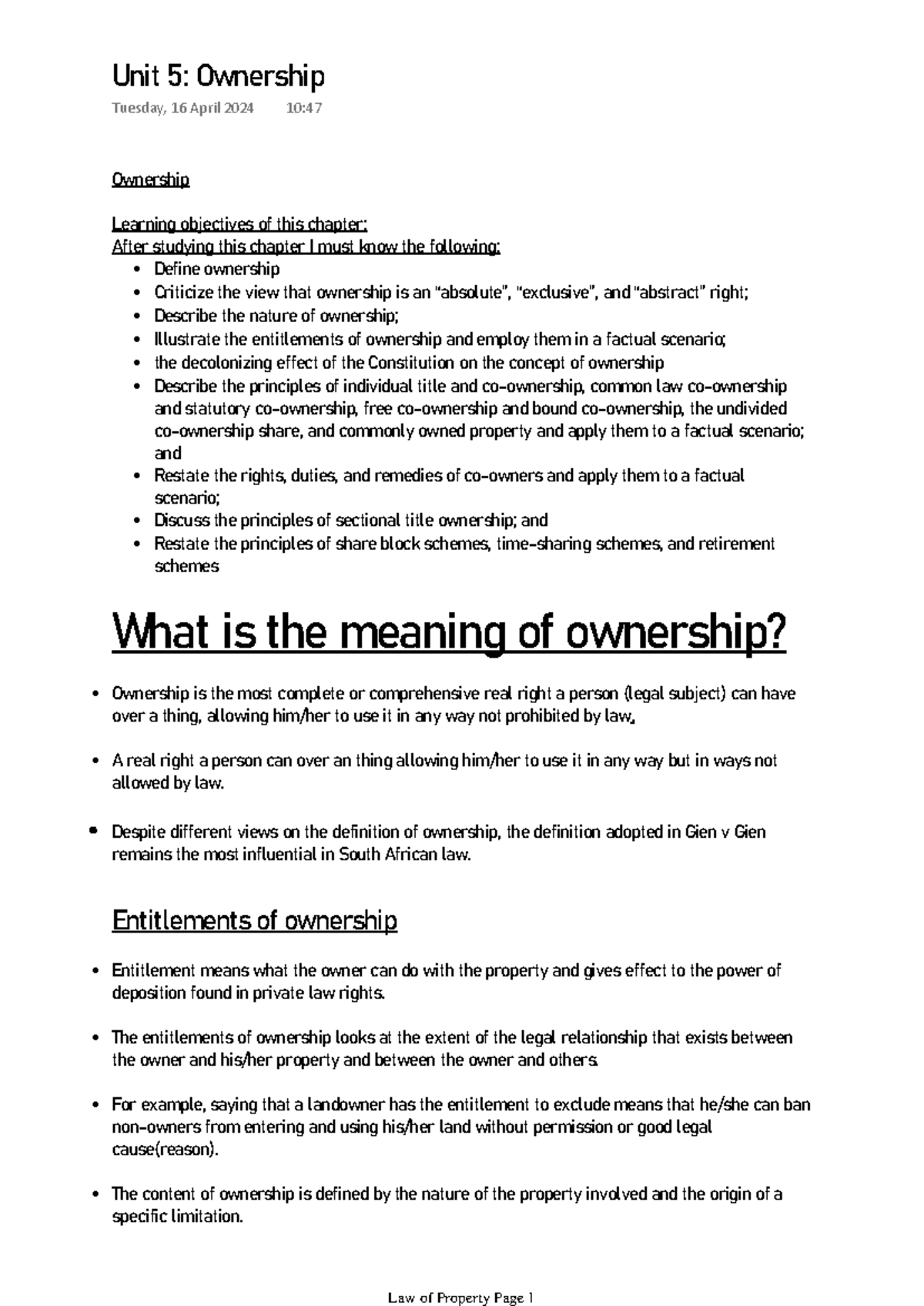 Unit 5 Ownership - Exam notes for Unit 5 of Law of Property - Ownership ...
