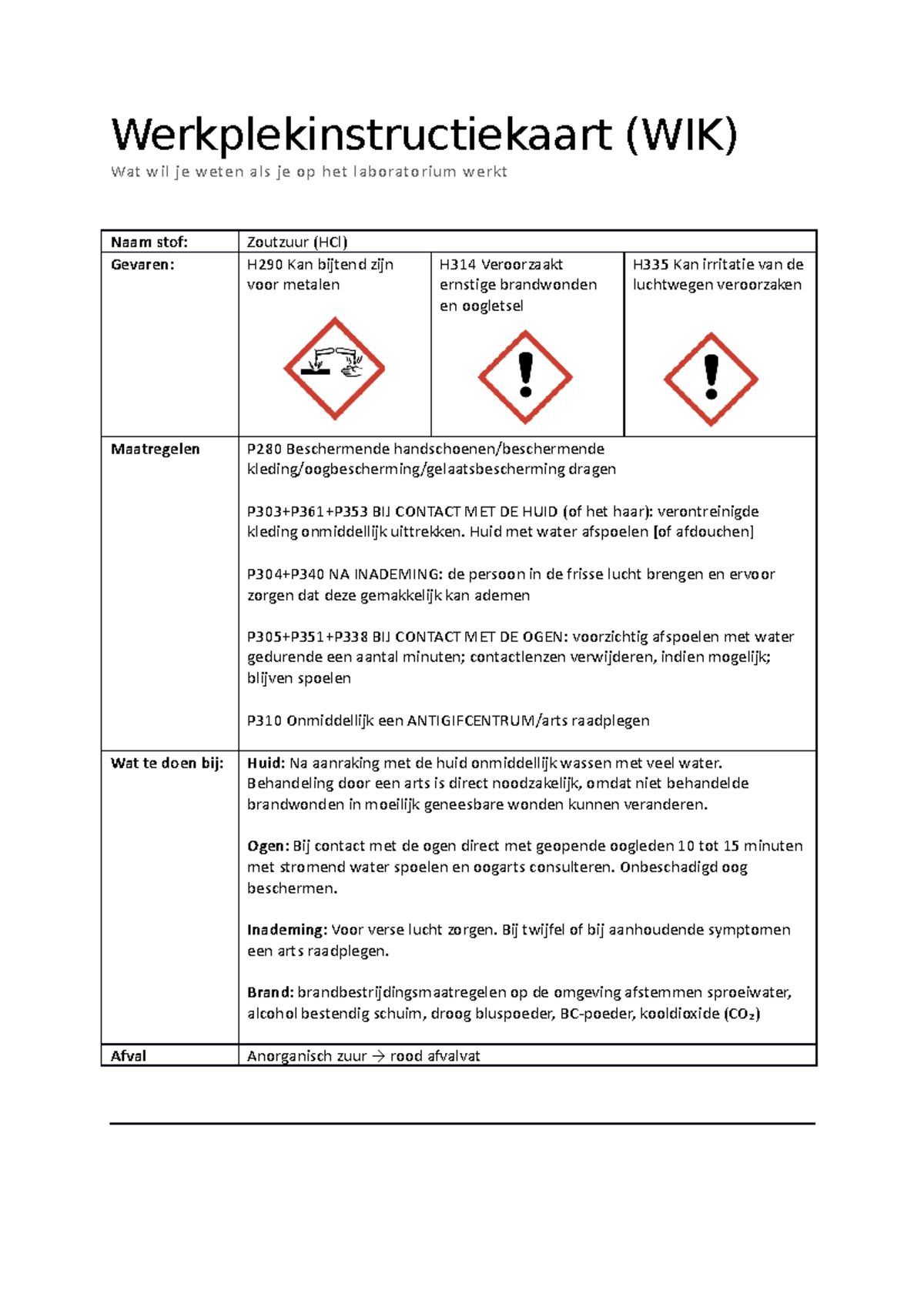 Zoutzuur (HCl): Veiligheidsinstructies en eerste hulp maatregelen ...