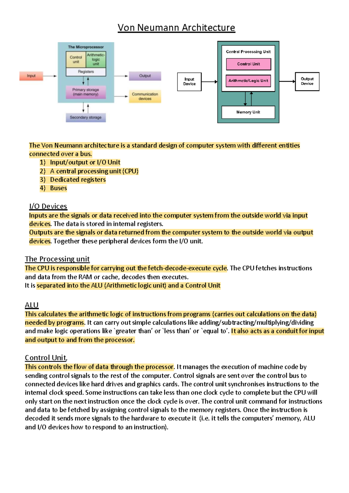CS101: Final Exam Notes on Von Neumann Architecture and Components ...