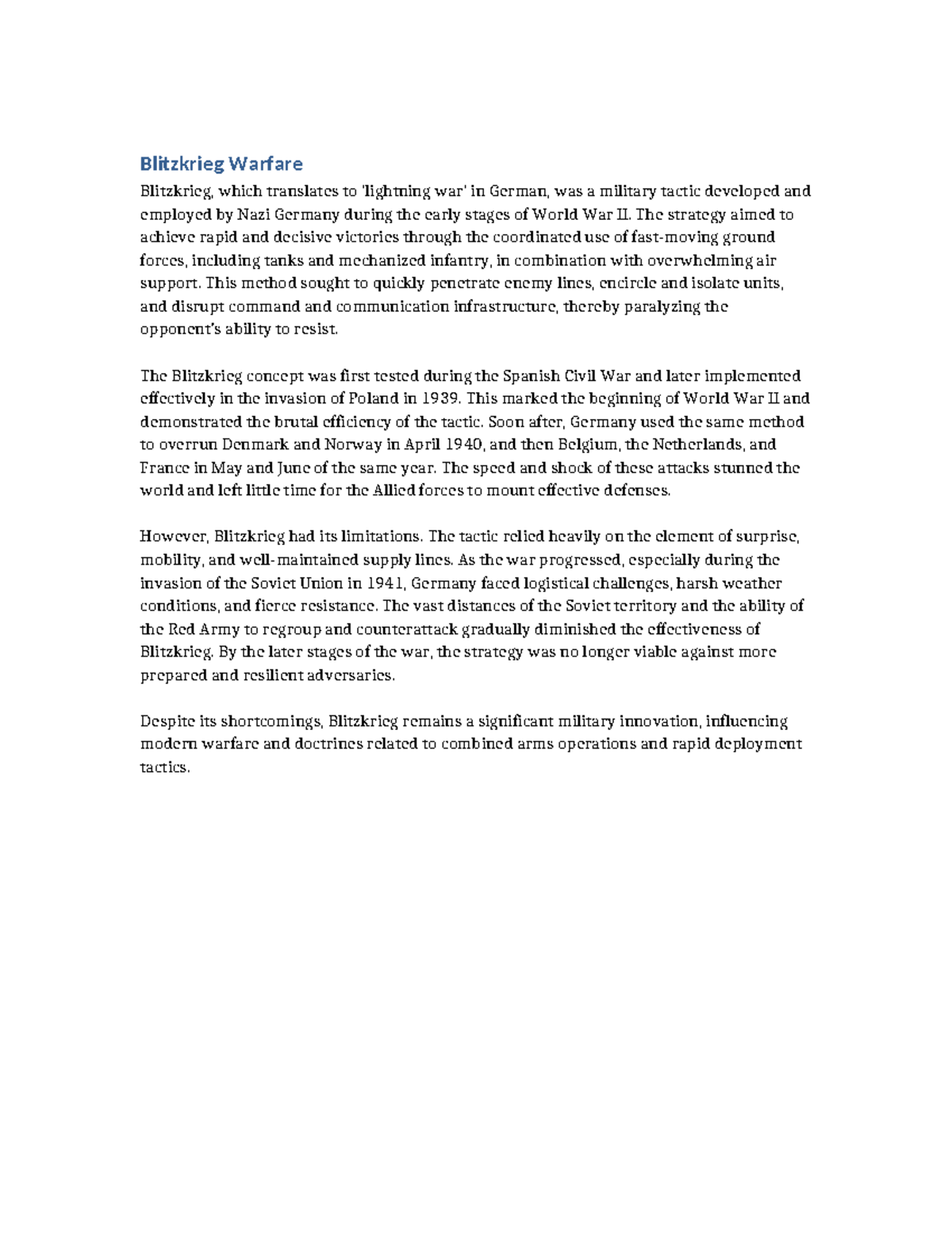 Blitzkrieg Warfare: Tactics and Impact in WWII History - Studocu