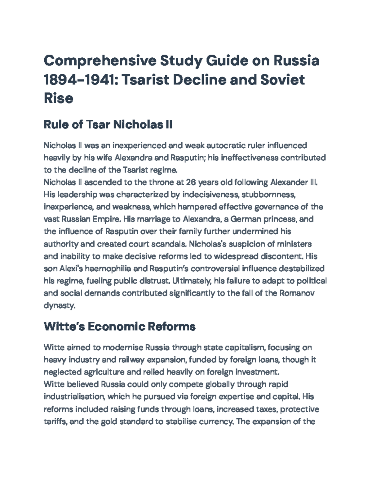 Comprehensive Study Guide: Russia 1894-1941 - Tsarist Decline & Soviet ...