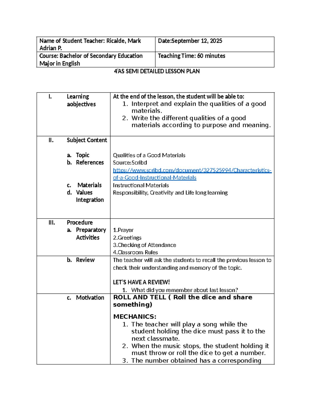 SEMI DETAILED LESSON PLAN: Qualities of Good Materials (BSEd-ENG) - Studocu