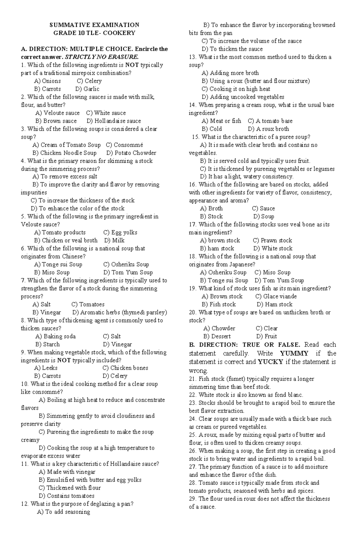 Summative Examination G10 - SUMMATIVE EXAMINATION GRADE 10 TLE- COOKERY ...
