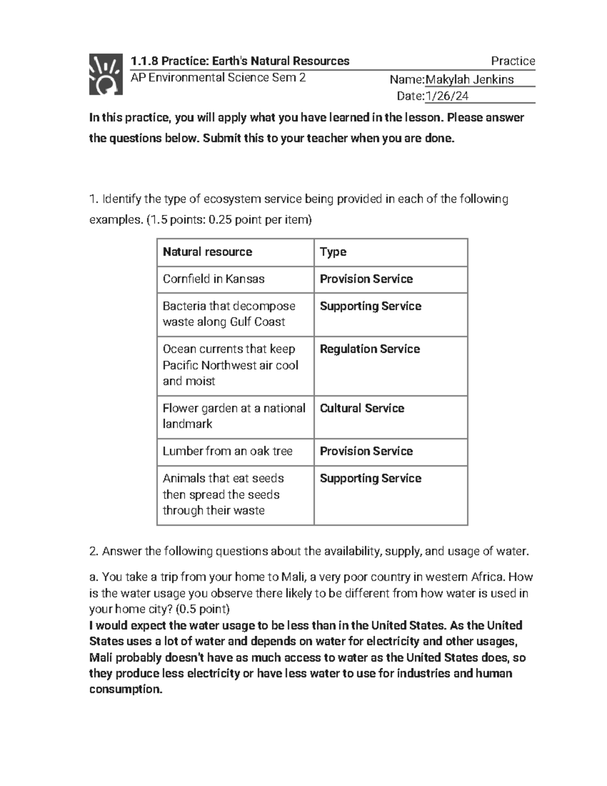 1.1.8 Practice: Understanding Earth's Natural Resources in Ecosystems ...
