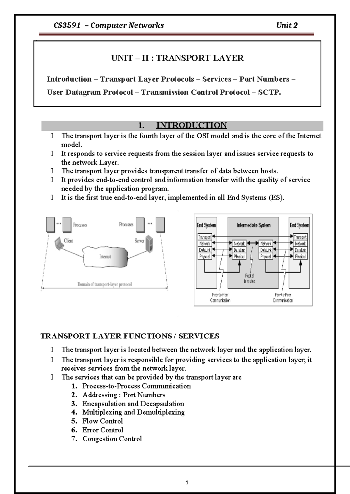 CS3591 Computer Networks Unit 2: Transport Layer Overview and Protocols ...