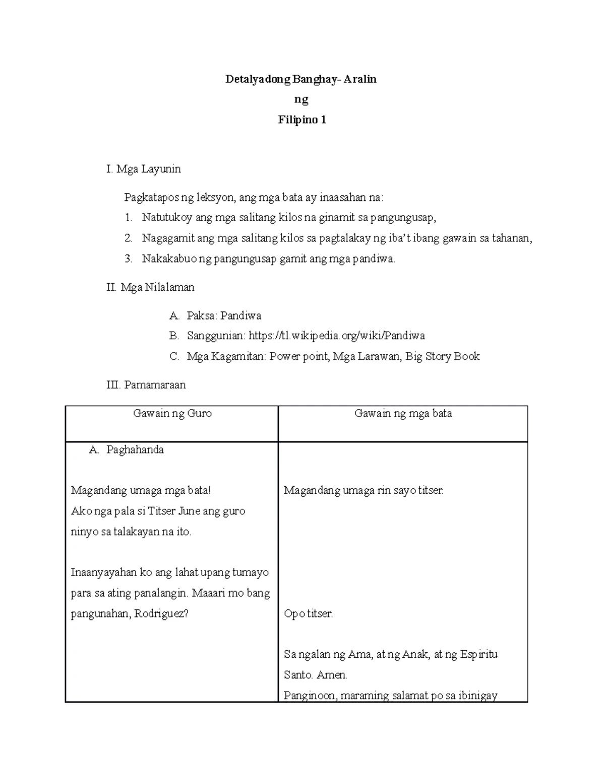 Detalyadong Banghay-Aralin sa Pandiwa para sa Filipino 1 - Studocu