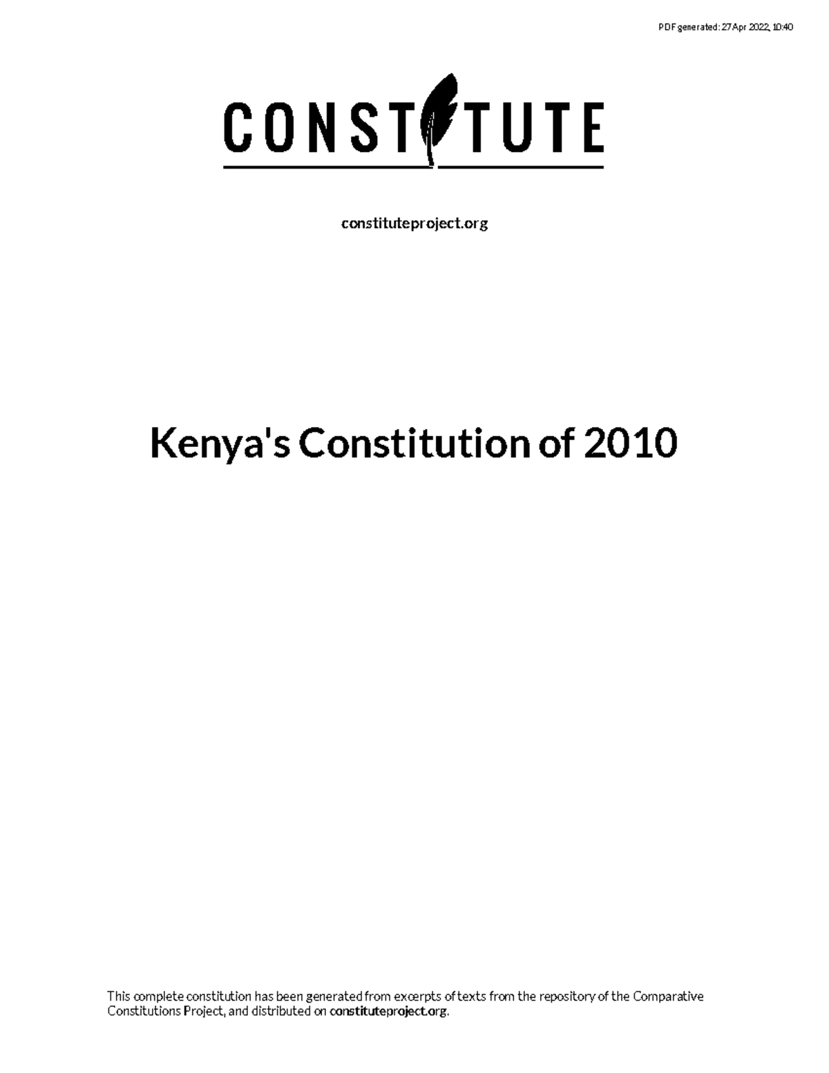 Kenya's 2010 Constitution - Complete Document Overview - Studocu