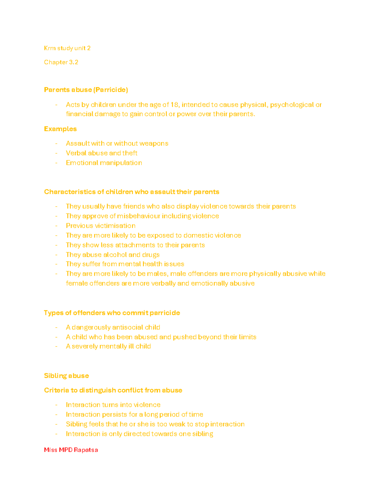 KRM 210 Study Unit 2: Chapter 3.2 on Parricide and Child Abuse - Studocu