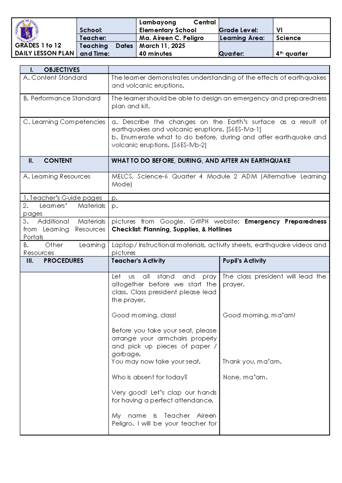 Daily Lesson Plan: Earthquake Preparedness (Grade 4 Science) - Studocu