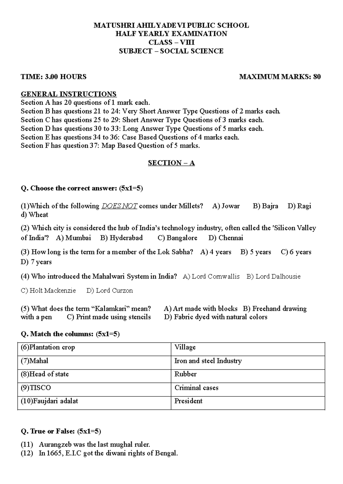 Class 8 half yearly - paper - MATUSHRI AHILYADEVI PUBLIC SCHOOL HALF ...