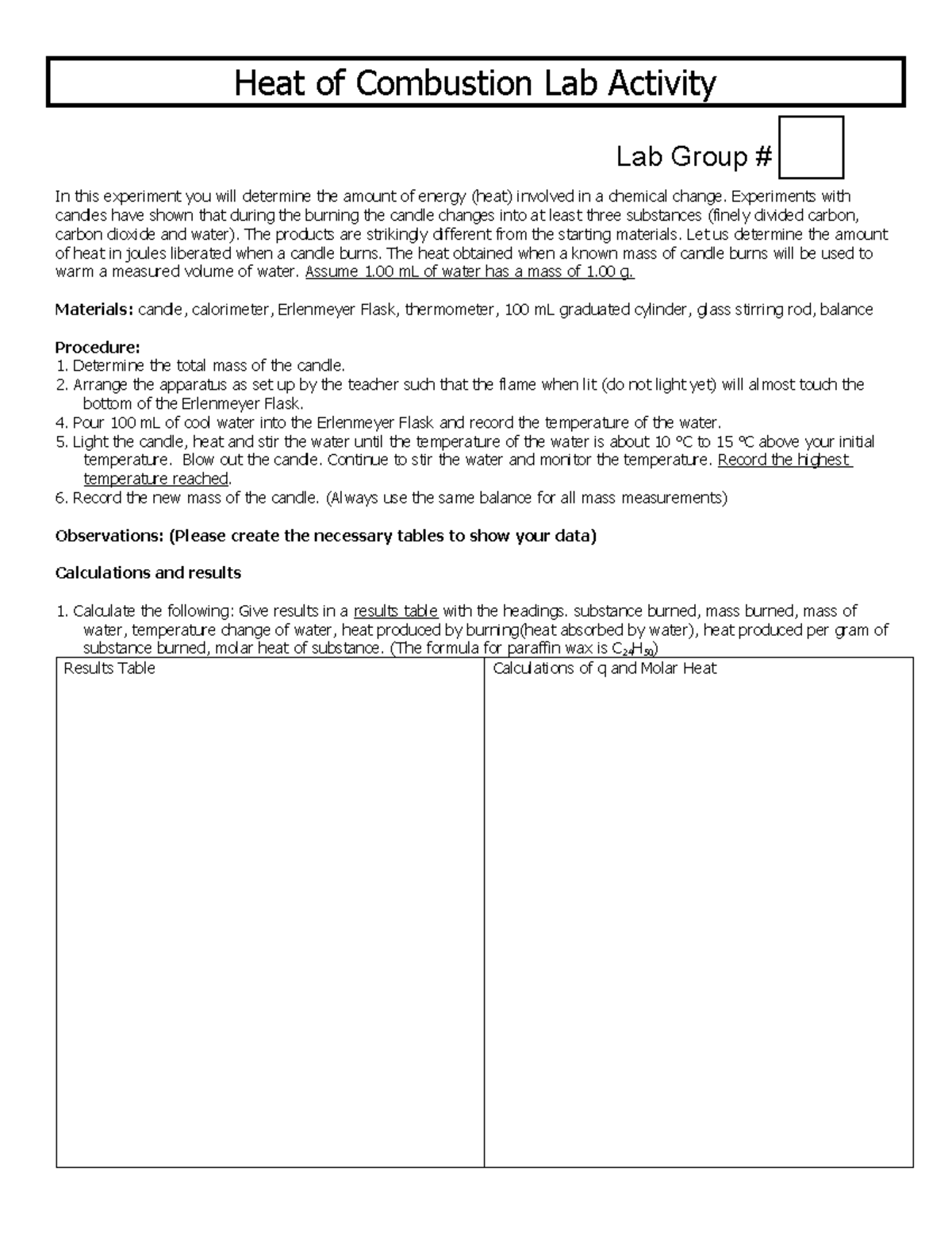 Heat of Combustion Lab Activity (Chem 101) - Energy Measurement ...