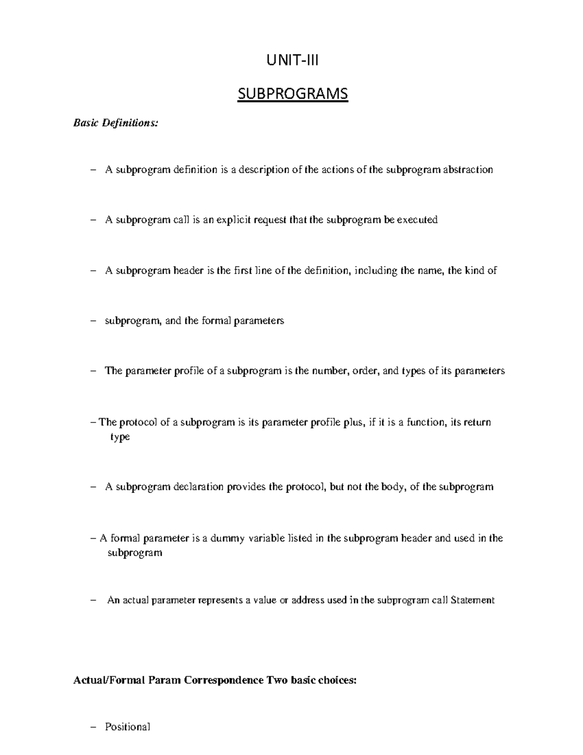PPL UNIT-III: Subprograms and Parameter Passing Concepts - Studocu