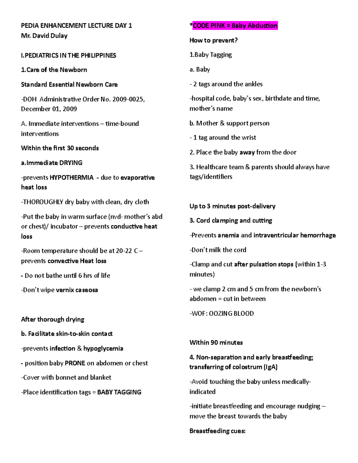 PEDIA 101 - Newborn Care Essentials Handouts by Mr. David Dulay - Studocu