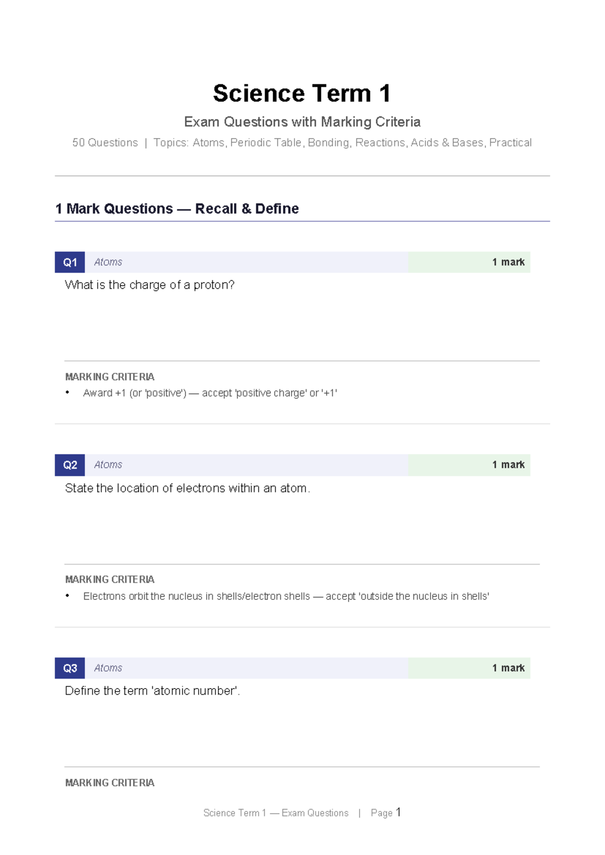 Science T1 Final Exam Questions & Marking Criteria: Atoms, Periodic ...