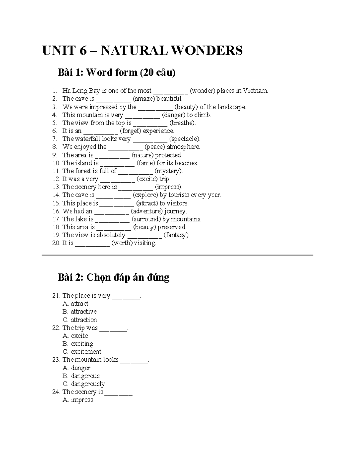 BÀI TẬP BỔ TRỢ UNIT 6 & 7: Word Form Self Study - Studocu