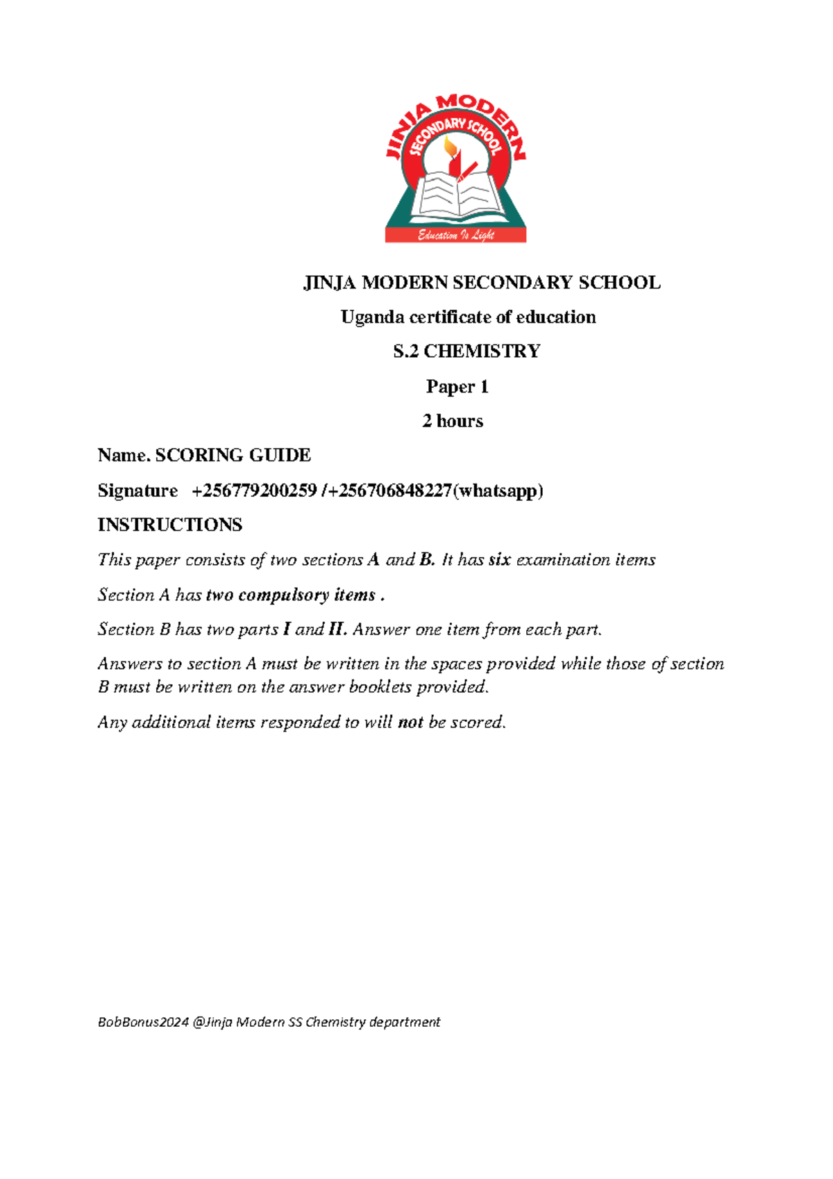 UCE S2 Chemistry Paper 1 Examination Scoring Guide and Instructions ...