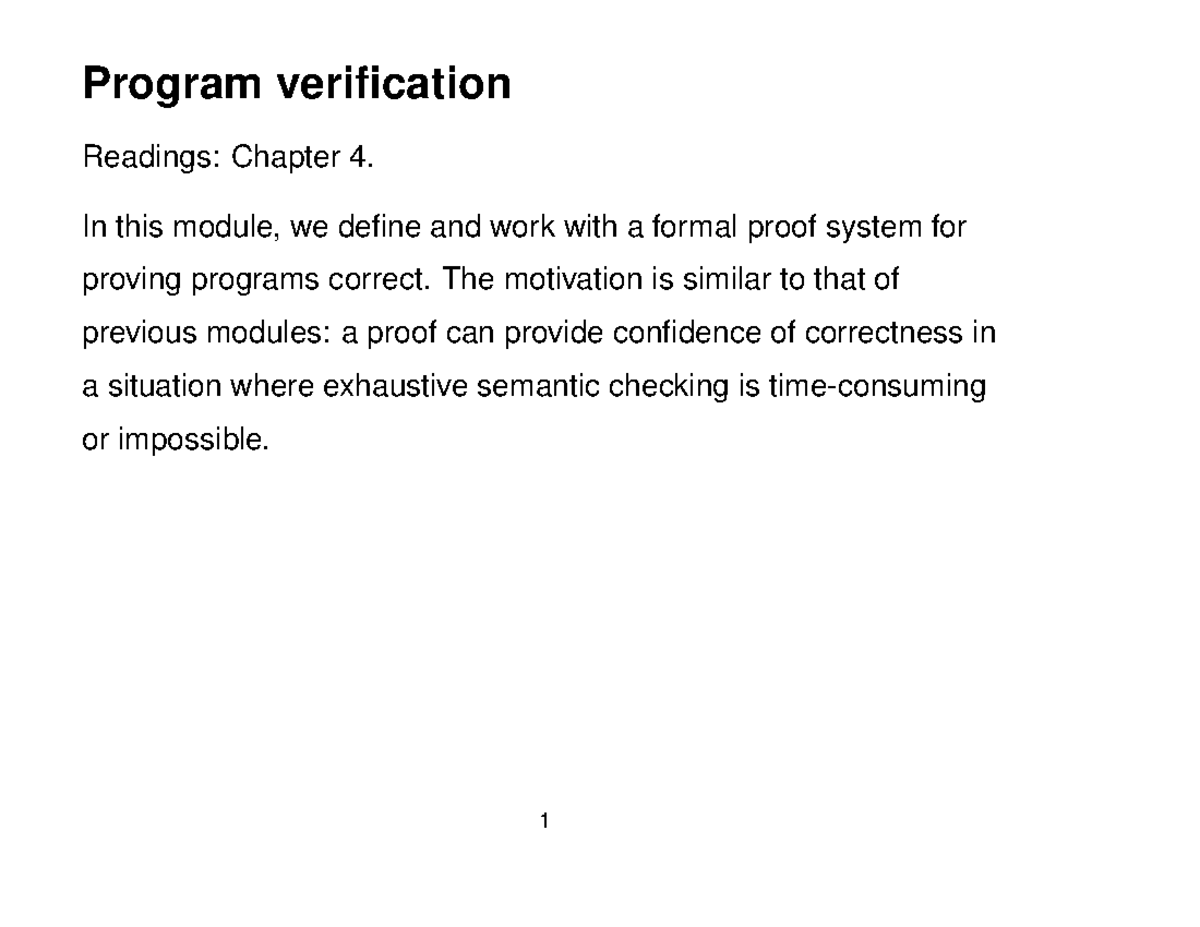 Program Verification Readings: Chapter 4 Overview and Insights - Studocu