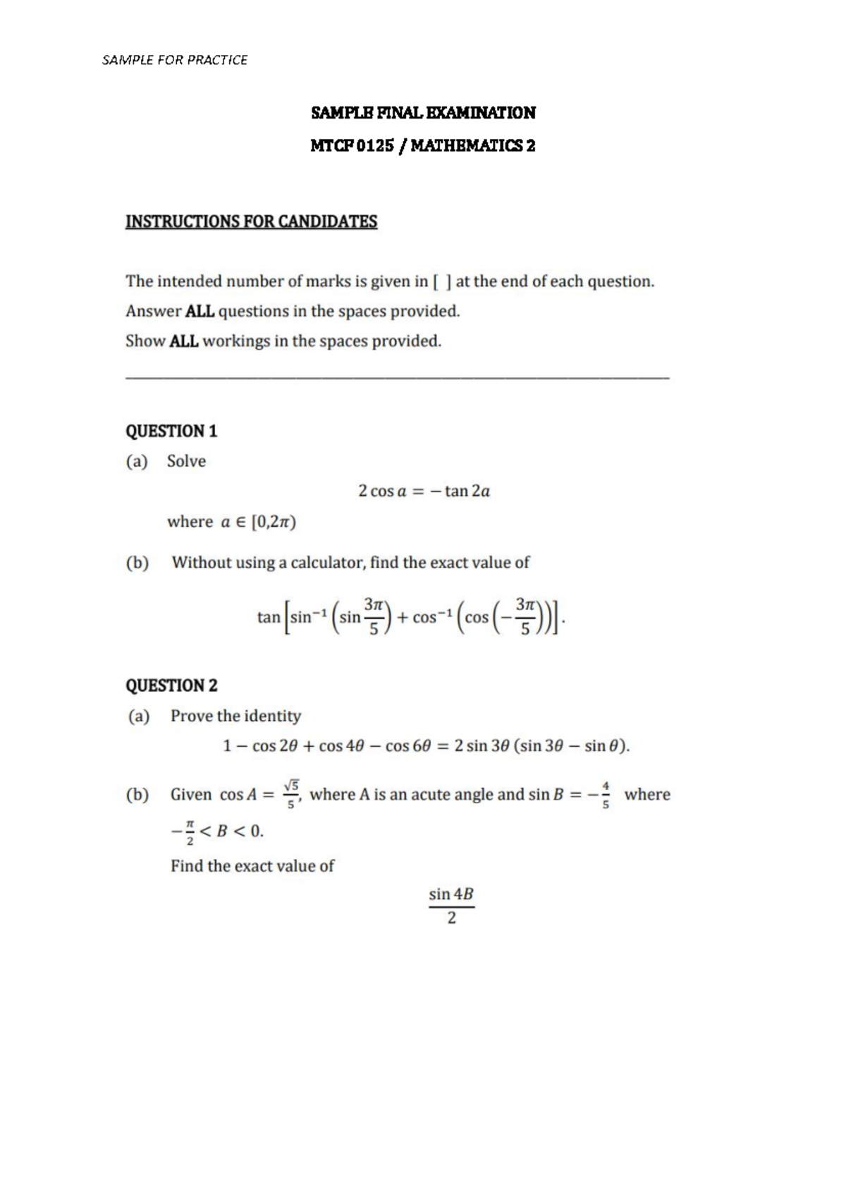 Sample Final Examination MATH 2 - mathematics 2 CFS - SAMPLE FINAL EXAMINATION MTCF 0125 / - Studocu