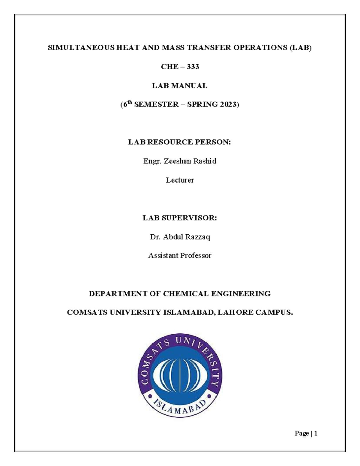 CHE-333 Simultaneous Heat & Mass Transfer Lab Manual (Spring 2023 ...