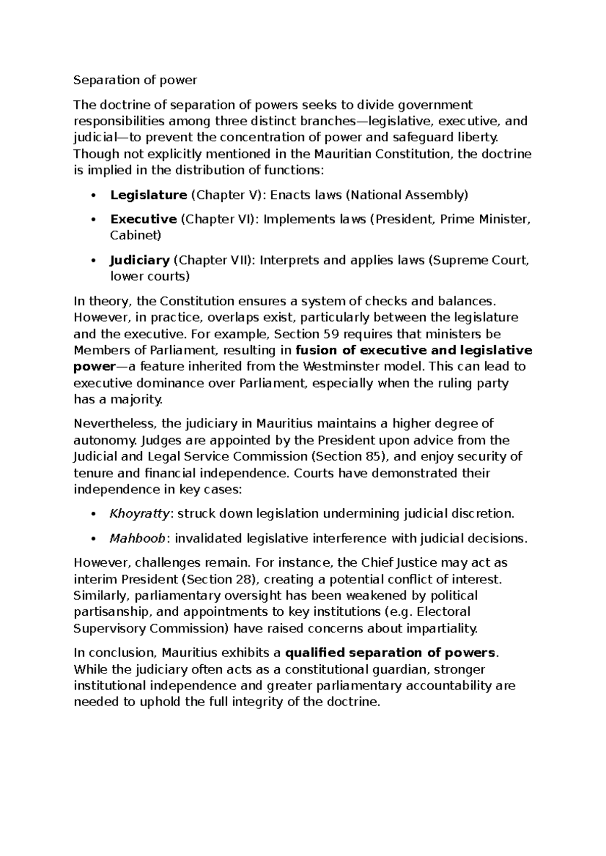 Separation of power - short and concise - Separation of power The ...