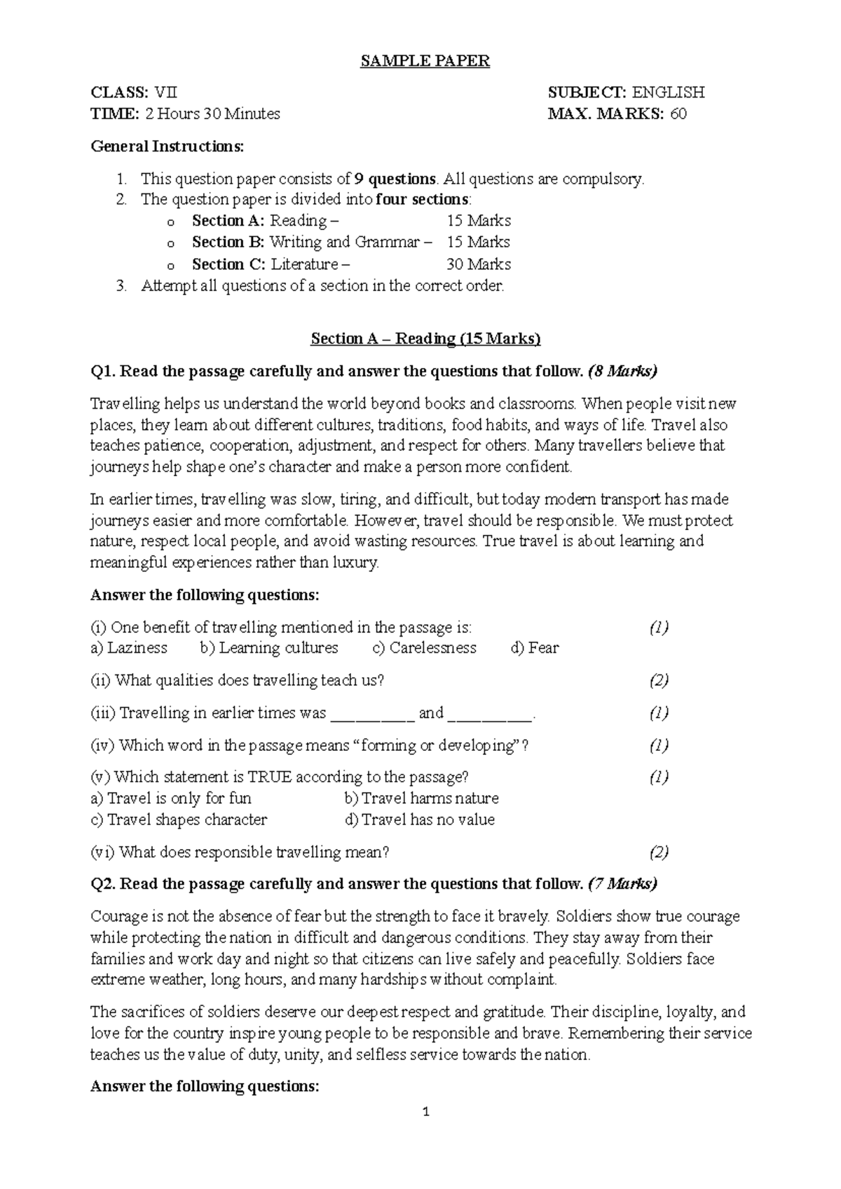 Class 7 English SEE Sample Paper: Comprehensive Exam Guide - Studocu