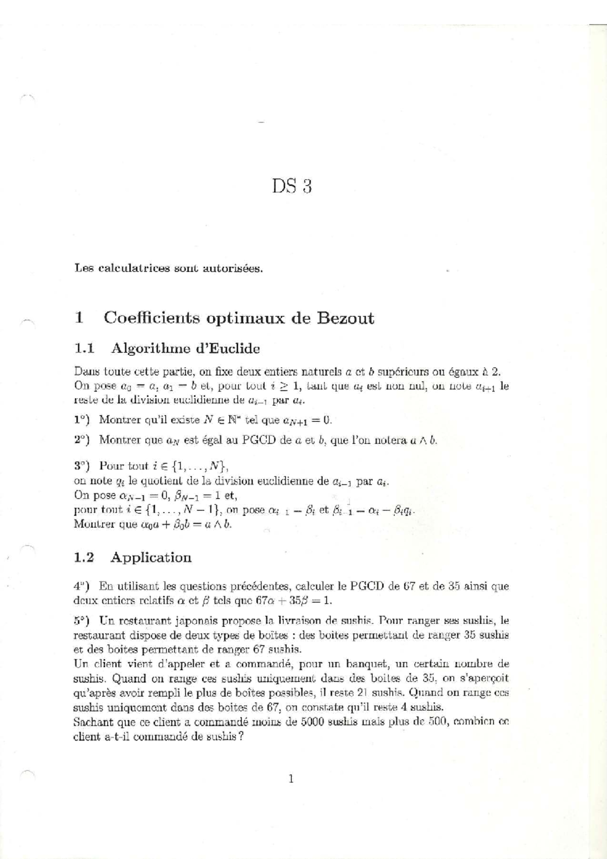 DS 3 Final Exam: Coefficients de Bezout et Applications - Studocu